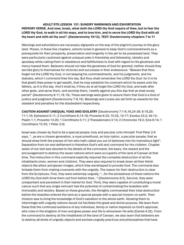 ADULT STS LESSON 131_ SUNDRY WARNINGS AND EXHORTATION | PDF