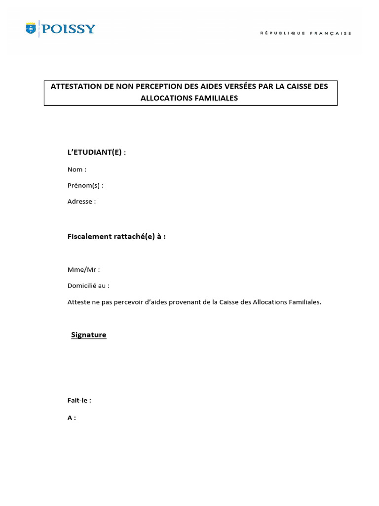 Attestation de Non Perception Des Aides Versées Par La Caisse Des ...