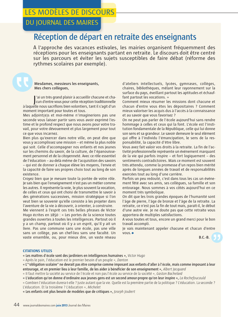 Modele Discours Reception de Depart en Retraite Des Enseignants | PDF