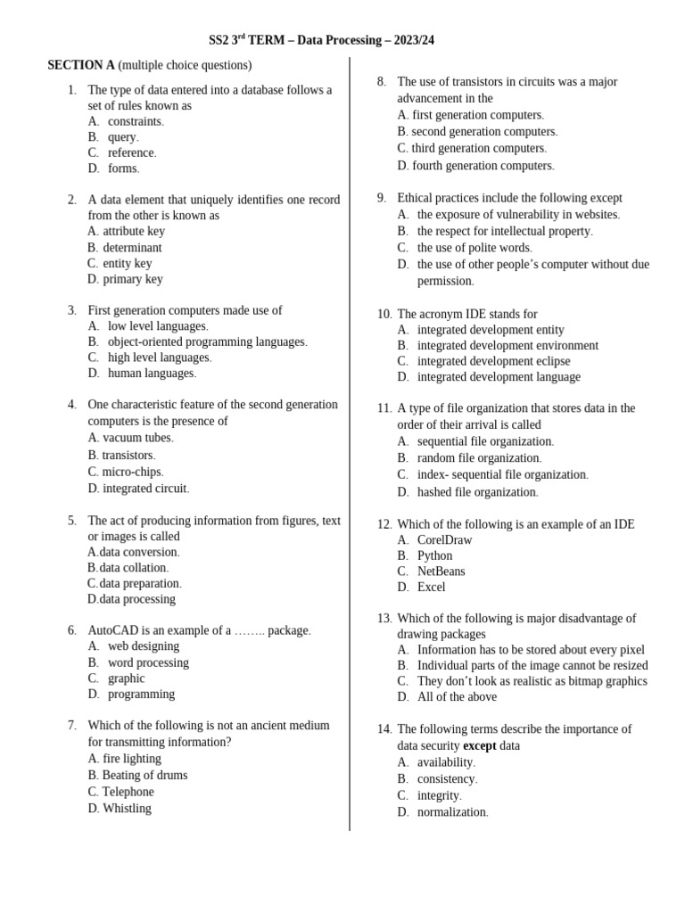 Data Processing SS2 3rd TERM | PDF