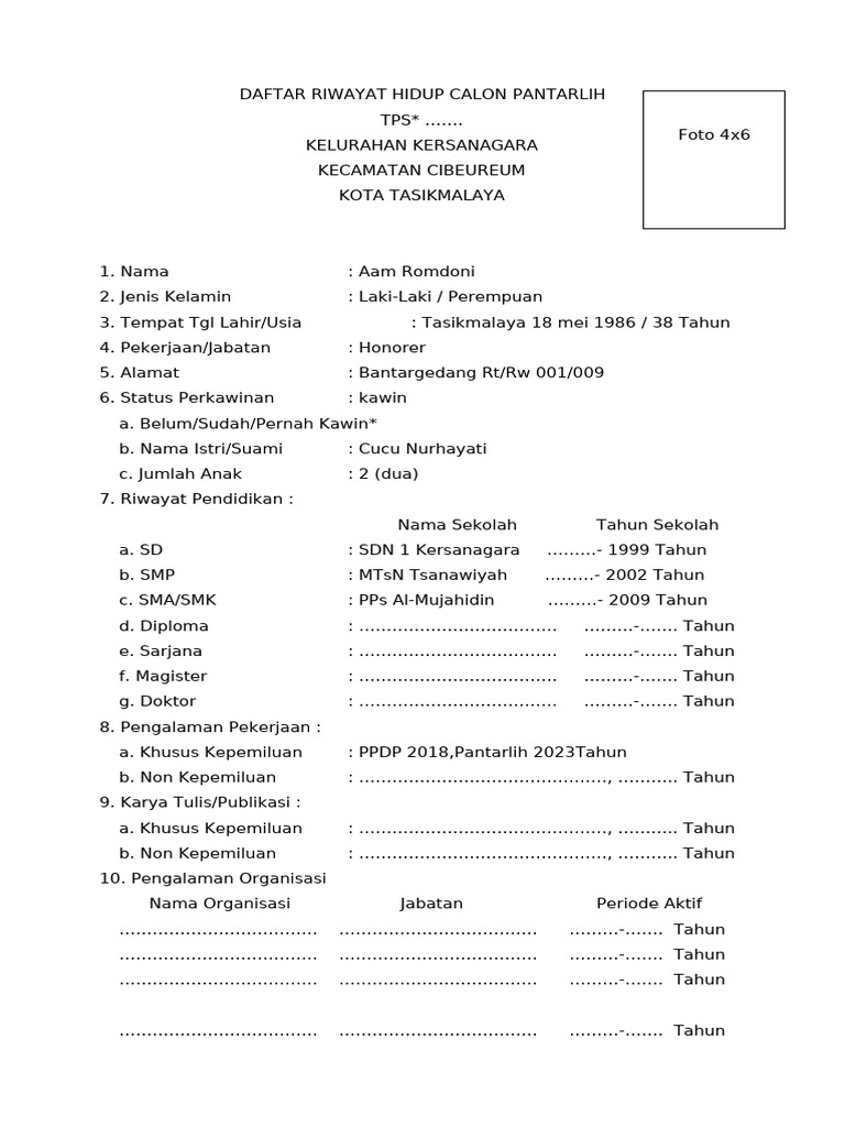 Daftar Riwayat Hidup Calon Pantarlih | PDF