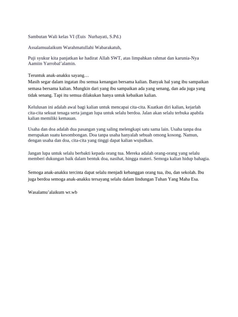 Sambutan Wali Kelas 6 Bu Euis | PDF