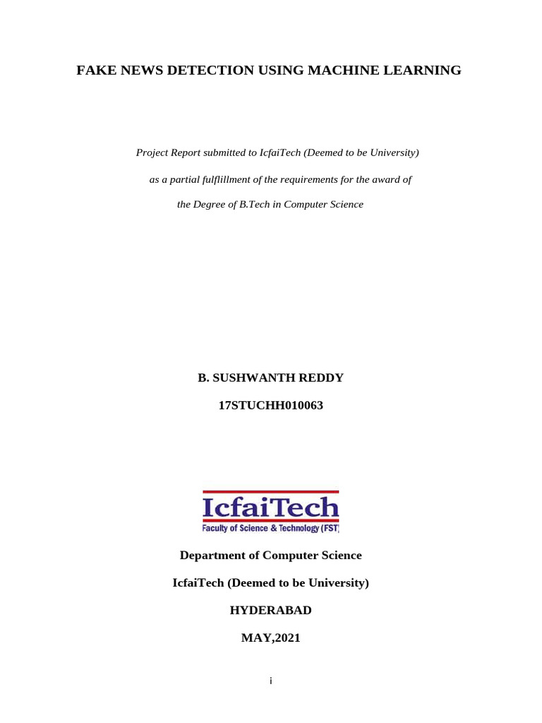 Fake News Detection Using Machine Learning Report | PDF