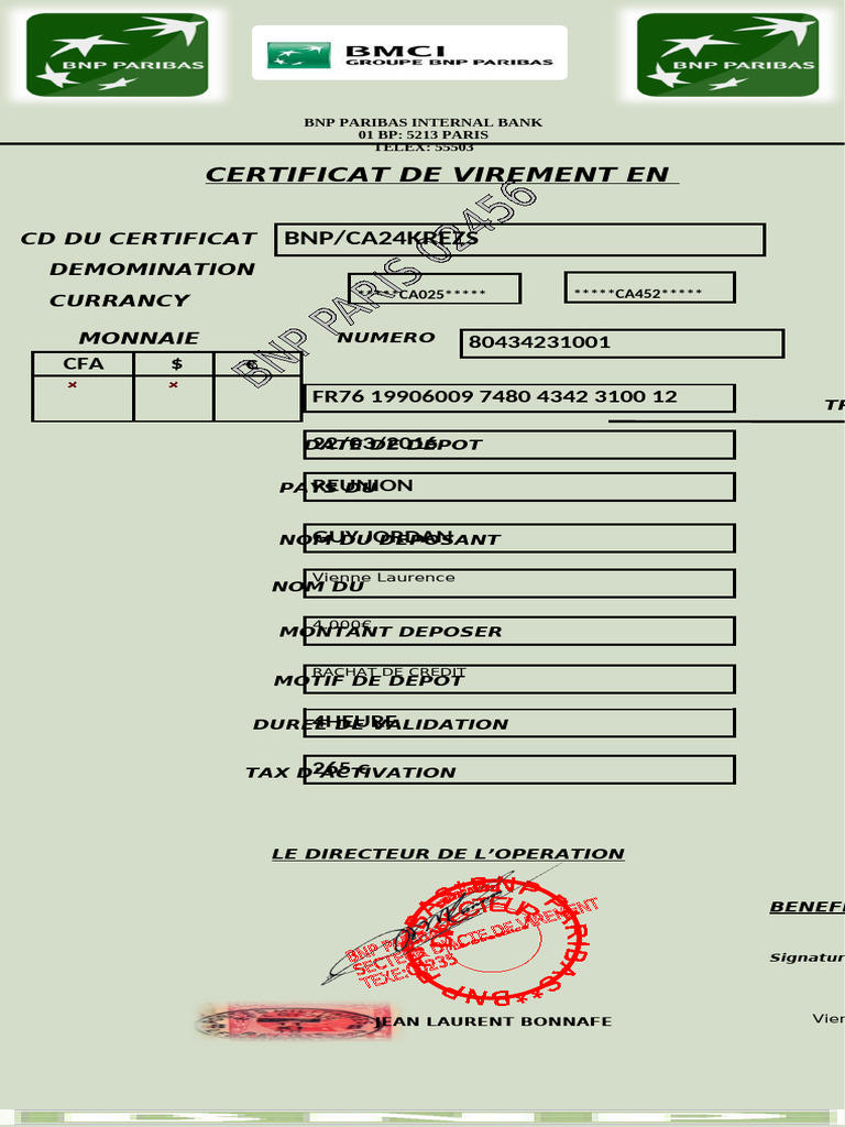 CERTFICAT OFICIAL VIREMENT BANCAIRE DES 4000€ | PDF
