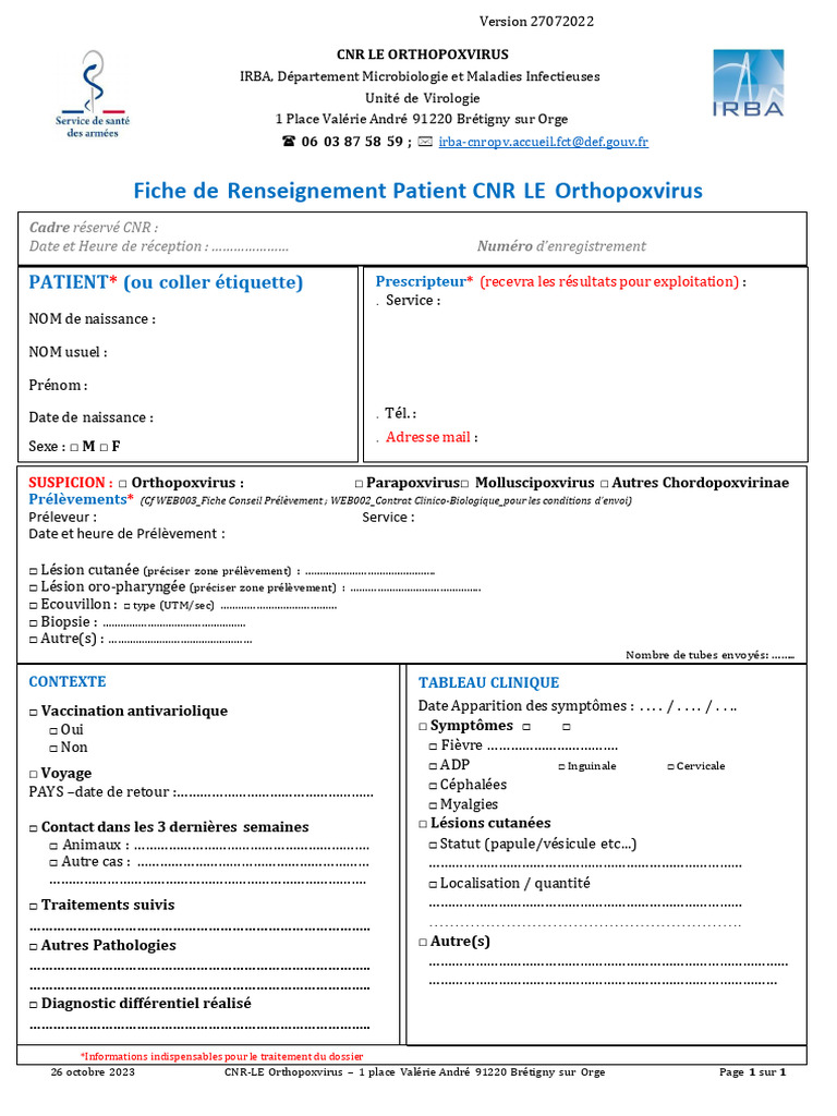 LPA-DeX-PREA2-001 Fiche de Renseignements Clinique MONKEYPOX | PDF