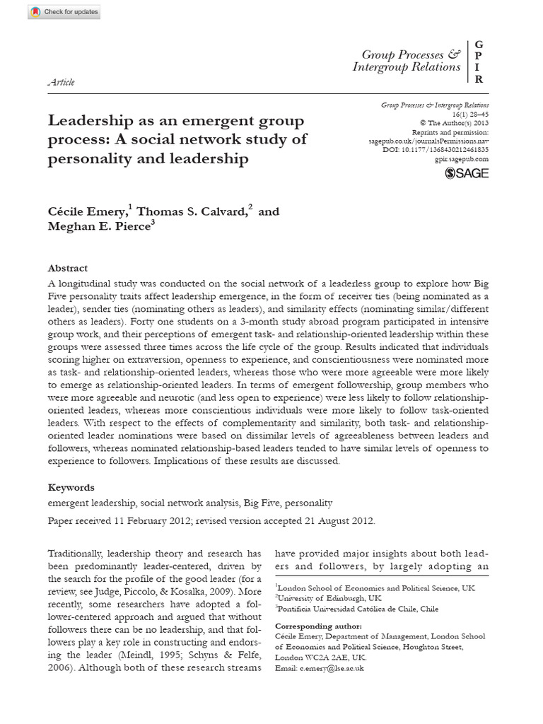 Emergent Leadership & Personality Study | PDF | Leadership | Career ...