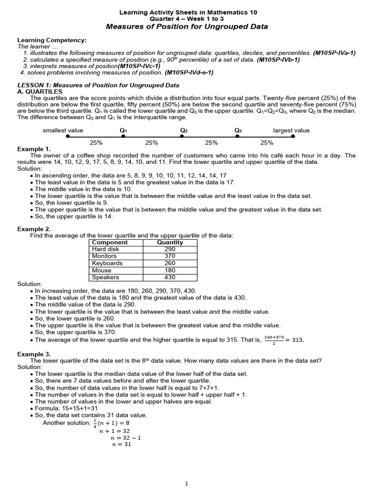 MATH 10 LAS Q4 WK1 3 Measures of Position Ungrouped Data | PDF | Quartile | Percentile