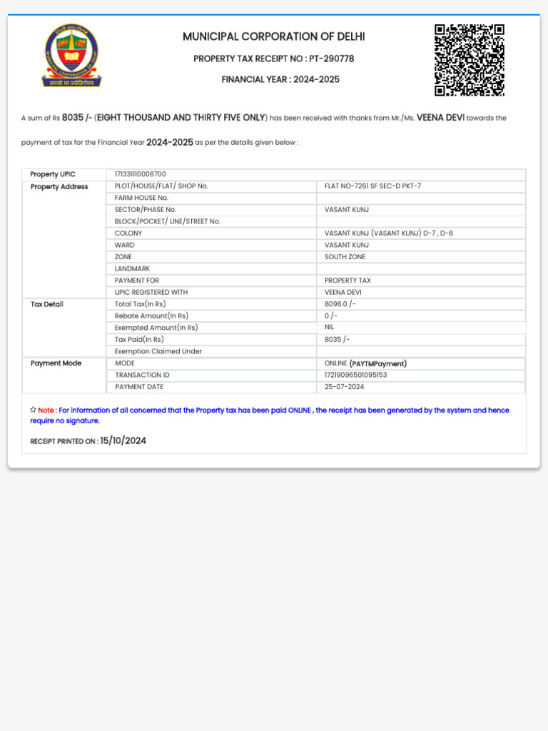 Municipal Corporation of Delhi: Property Tax Receipt No: Pt-290778 ...