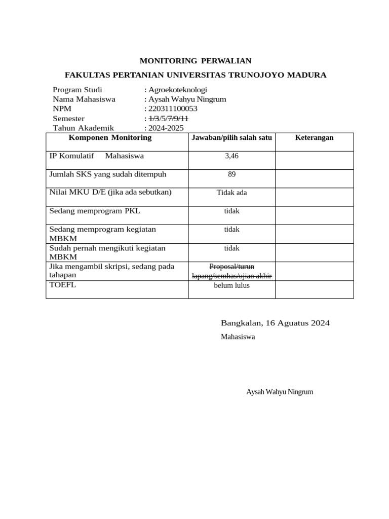 LAPORAN MONITORING PERWALIAN - Aysah Wahyu Ningrum - 053 | PDF