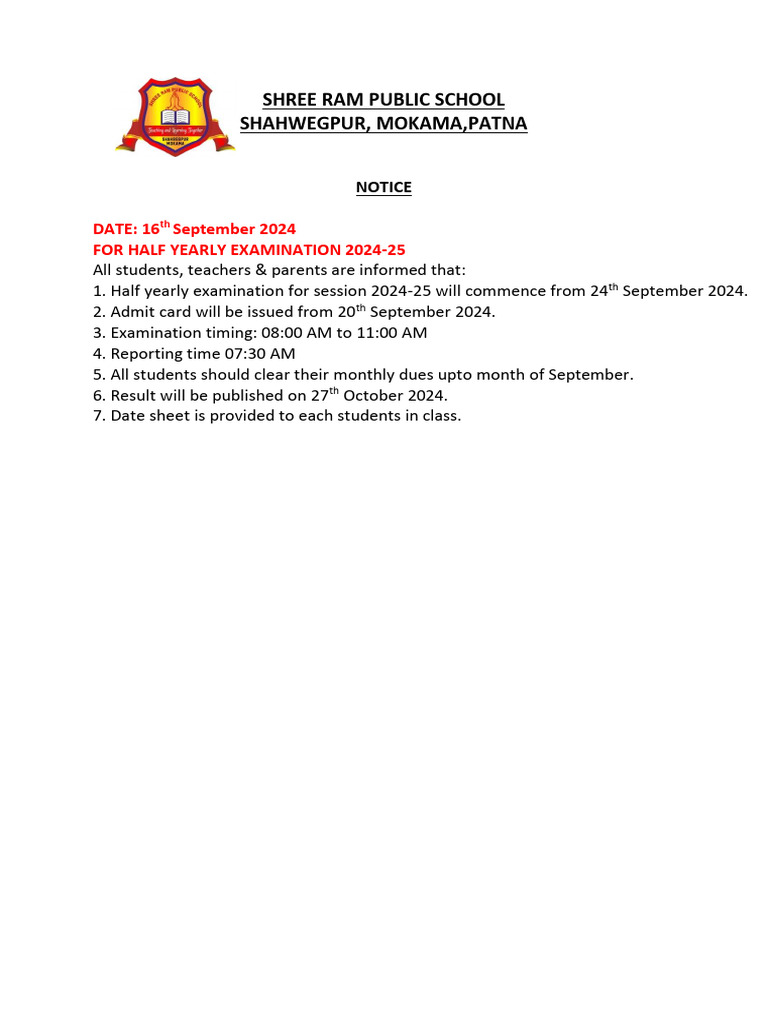 half yearly notice 2024-25 | PDF