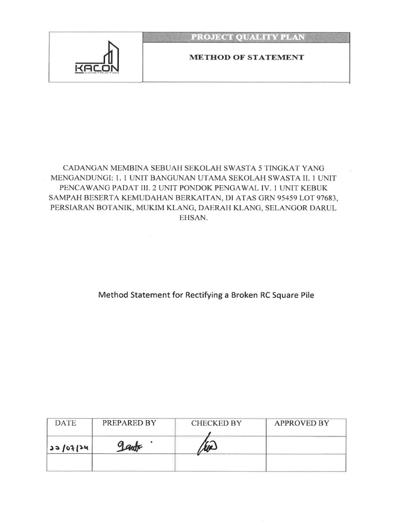 RC Square Pile Repair Method Statement | PDF | Concrete | Deep Foundation