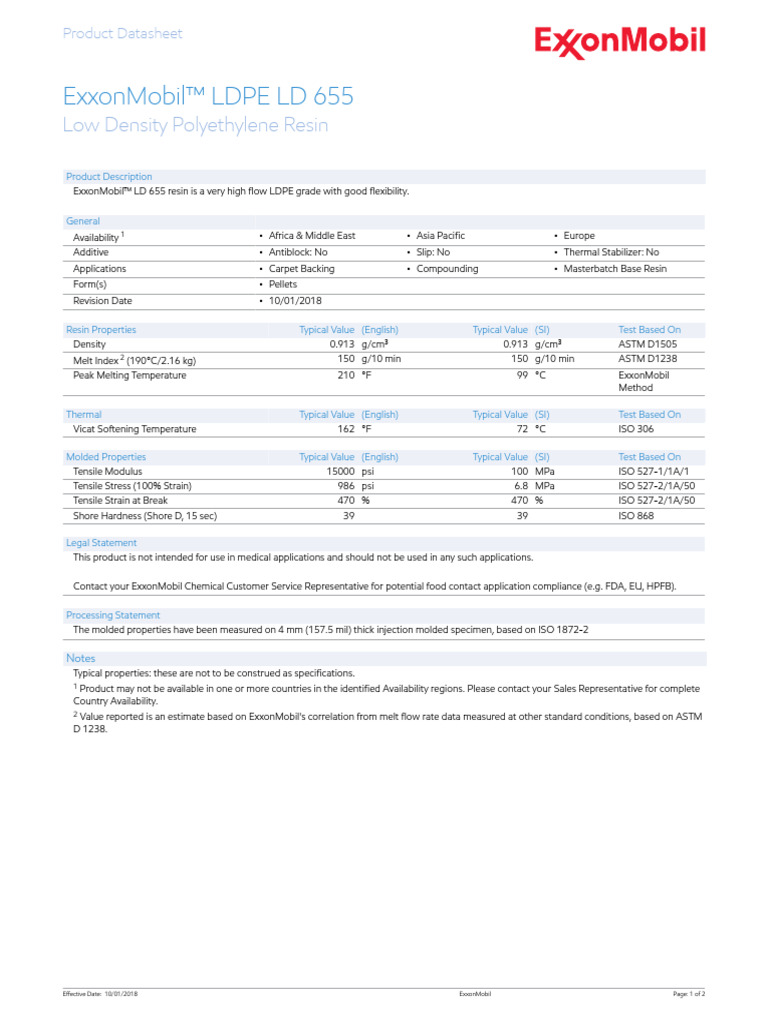 Exxonmobil™ Ldpe LD 655: Low Density Polyethylene Resin | PDF