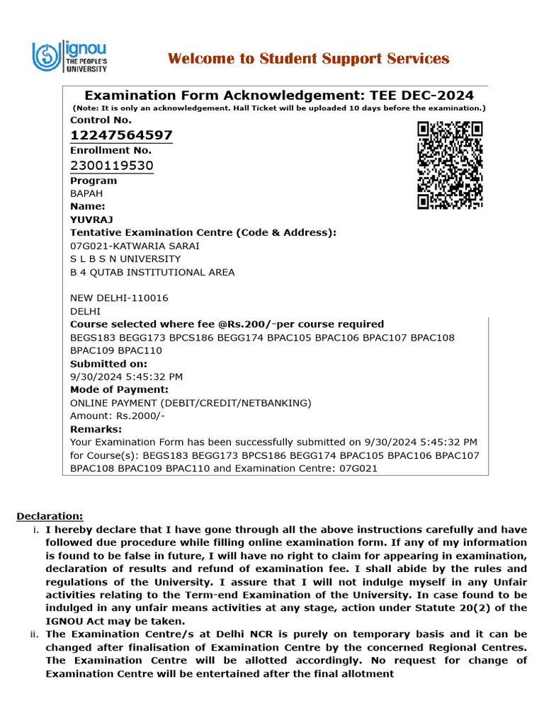 IGNOU: Examination Form Acknowledgement | PDF