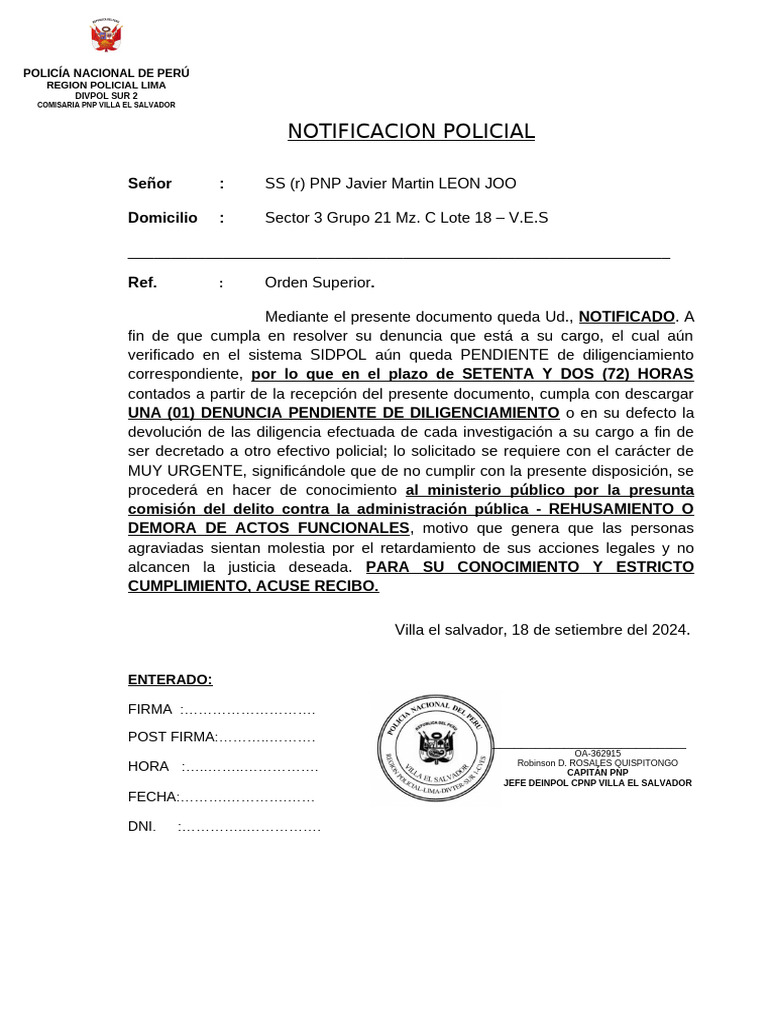 Notificacion Policial Por Denuncias Pendiente PNP en Retiro | PDF ...