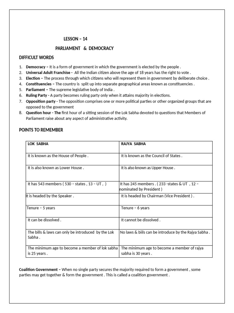 L - 14 Parliament & Democracy NOTES | PDF