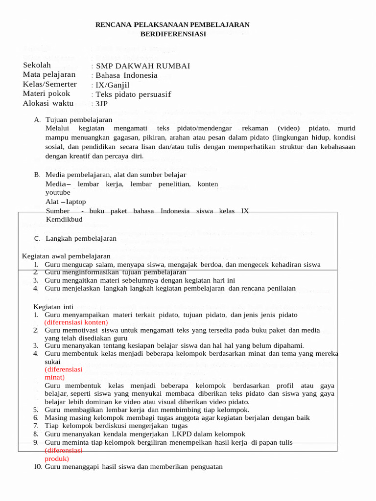 RPP Berdiferensiasi | PDF