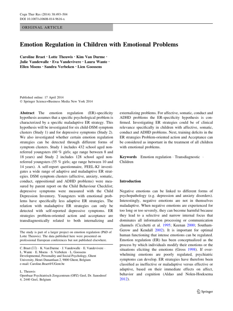 Emotion Regulation in Children With Emotional Problems | PDF