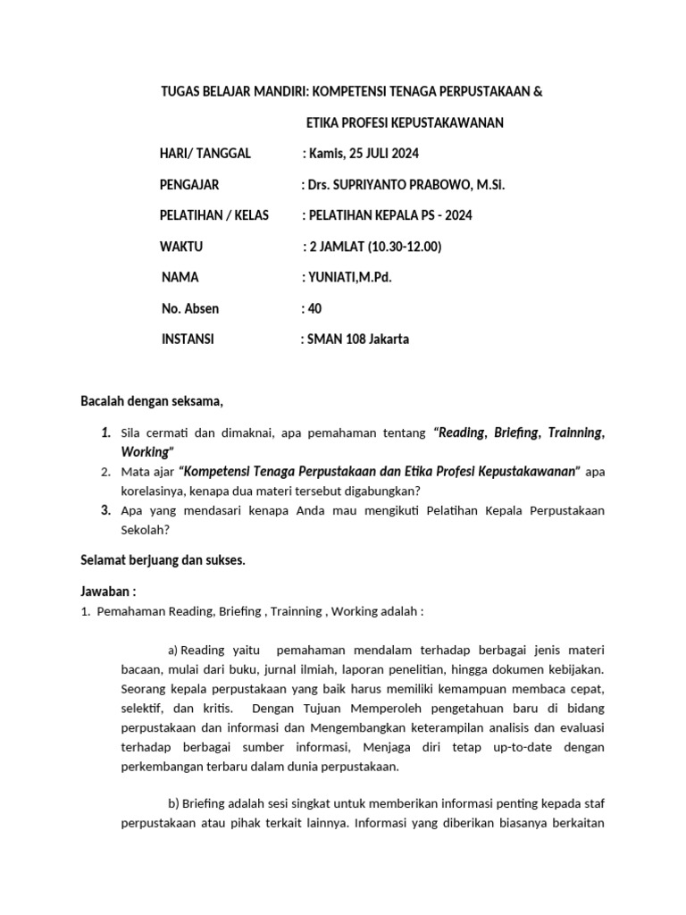 Tugas Belajar Mandiri KPS-KTP Epk-Bpsdm Dki-Pri-25 Jul 2024 | PDF