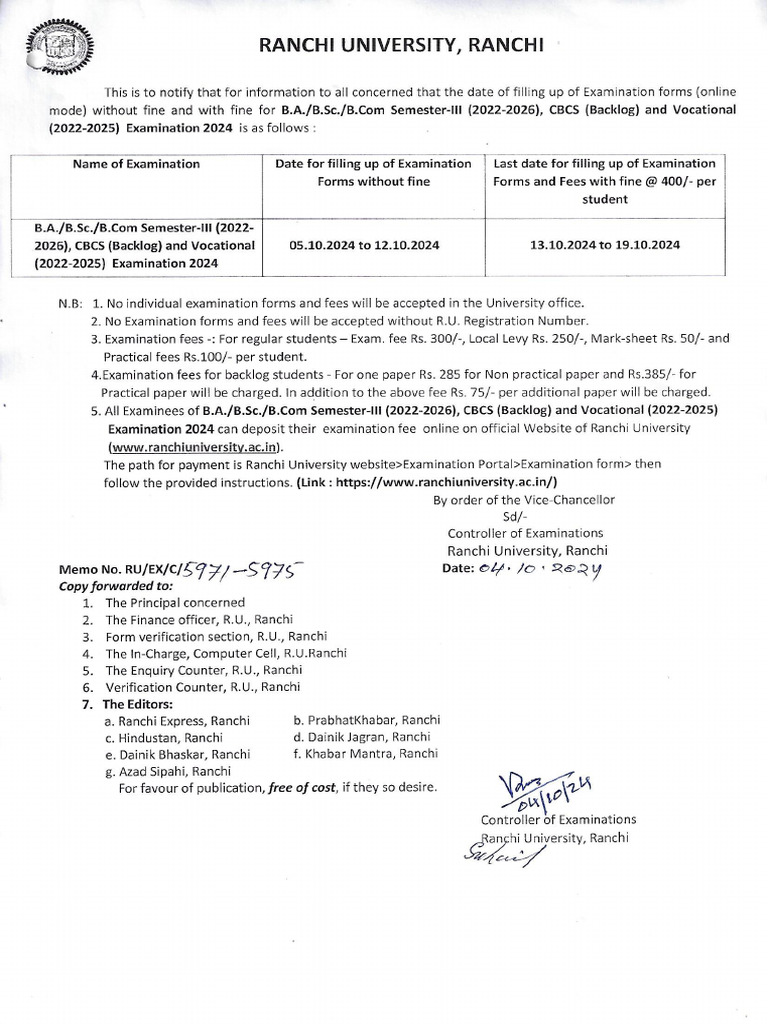 Filling Up of Examination Forms & Fees For B.A. B.sc. B.com. Semester-III (2022-2026) CBCS ...