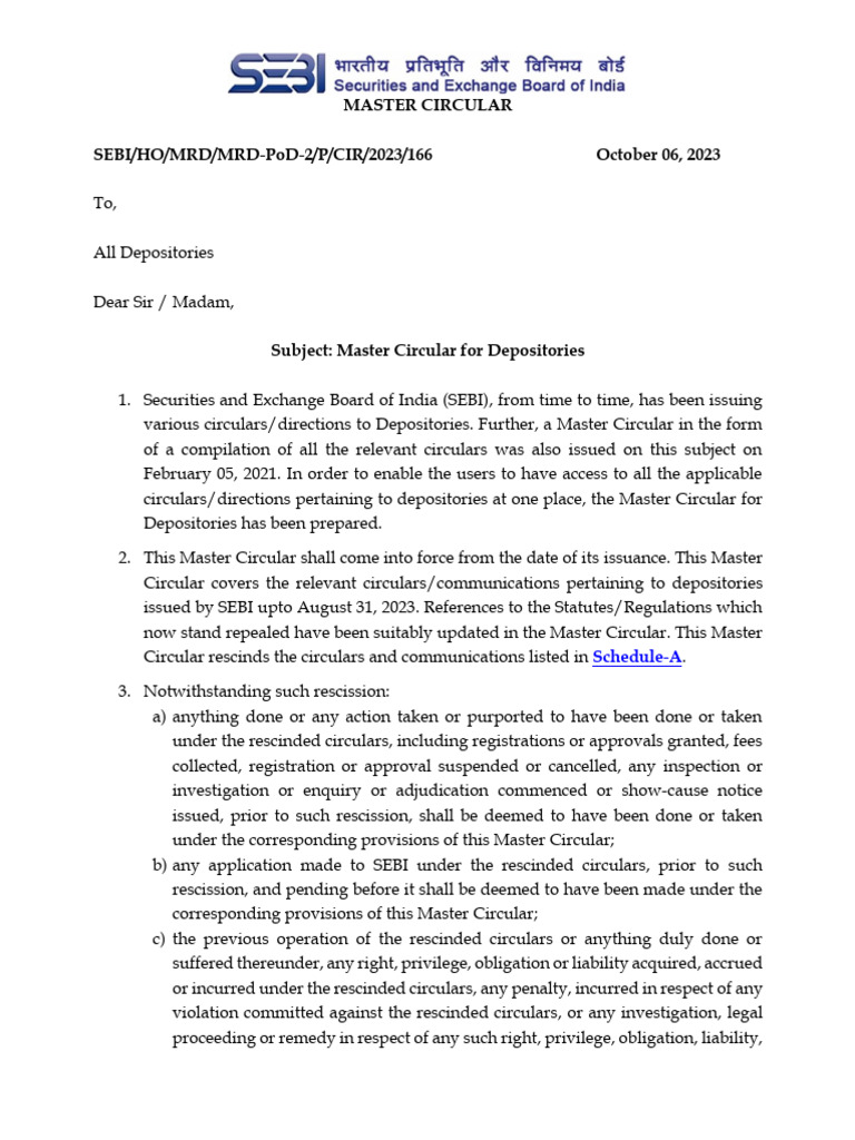 Master Circular Sebi/Ho/Mrd/Mrd-Pod-2/P/Cir/2023/166 October 06, 2023 | PDF