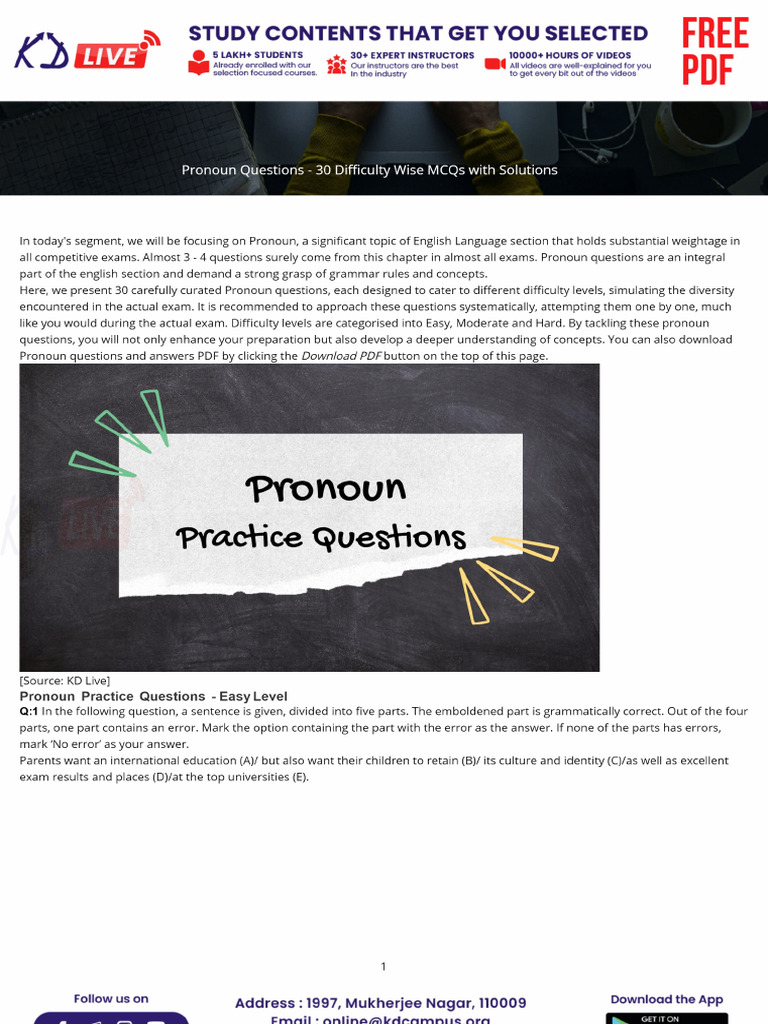 Pronoun Questions 30 Difficulty Wise Mcqs With Solutions | PDF