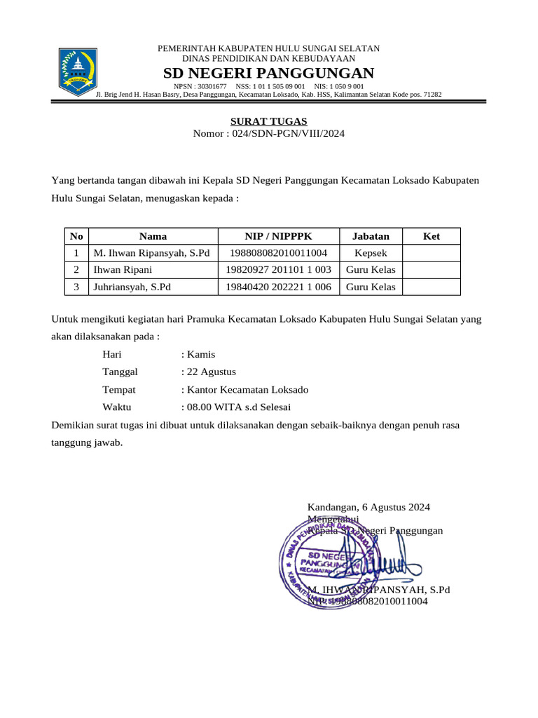 Surat Tugas Agustus 22 SDN Panggungan | PDF
