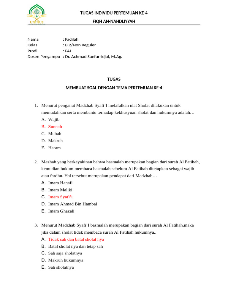 Fiqh An-Nahdliyyah - Pertemuan 4 - Fadilah - B.2 - Pai | PDF