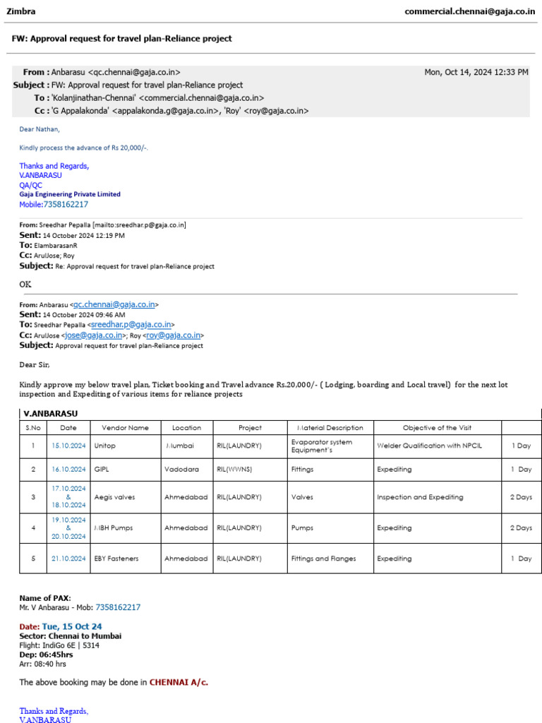 EE8 Anbarasu Travel Adv Approval Mail | PDF