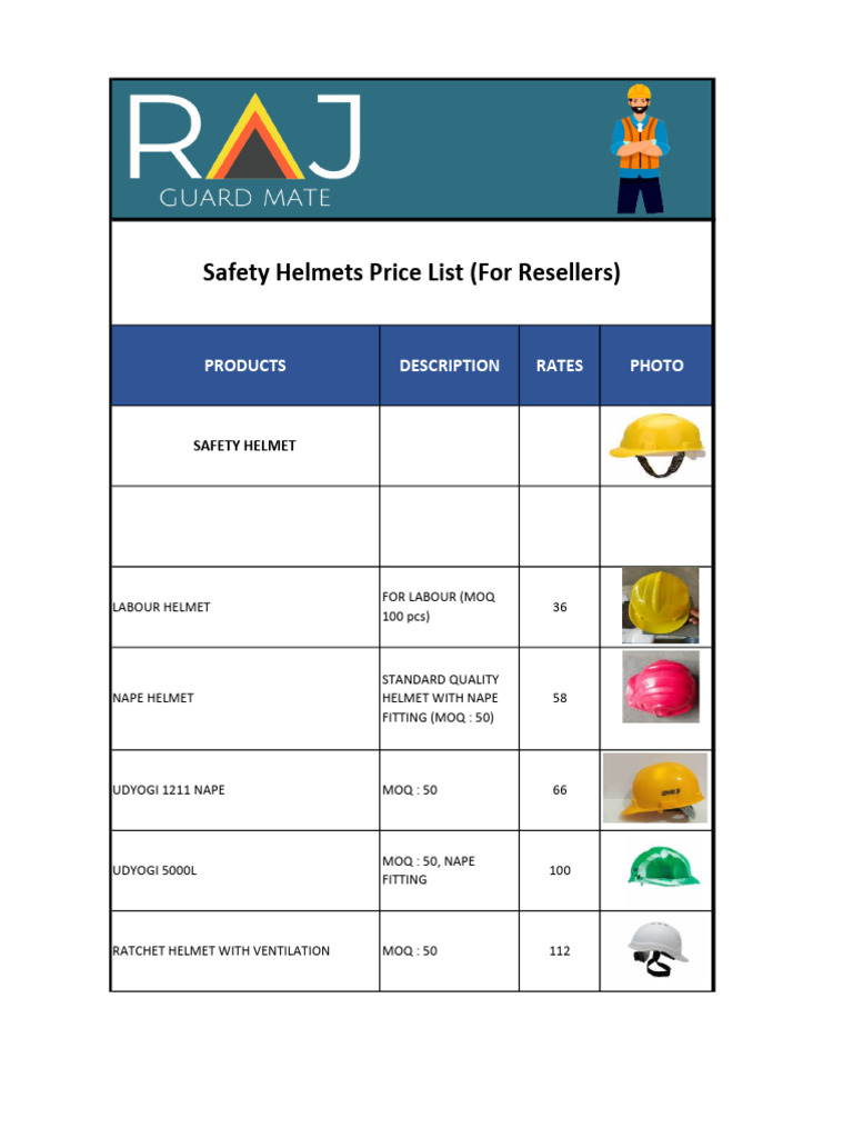 RAJ-Resellers Safety Helmets Price List | PDF