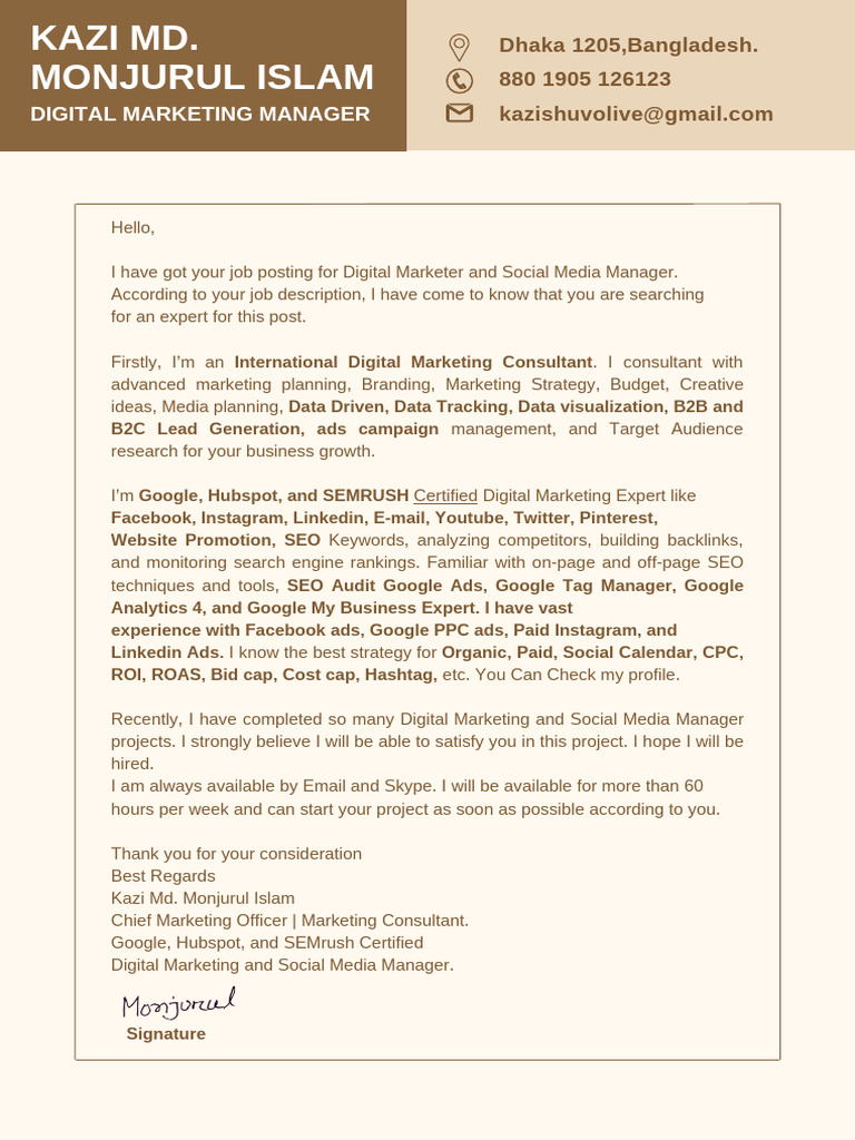 Kazi Md. Monjurul Islam Cover Letter | PDF