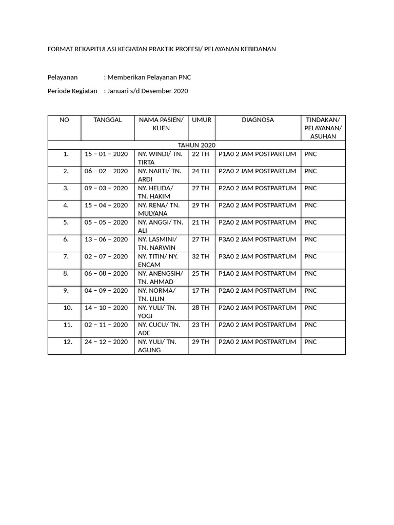 Format Rekapitulasi Kegiatan Praktik Profesi (PNC) | PDF