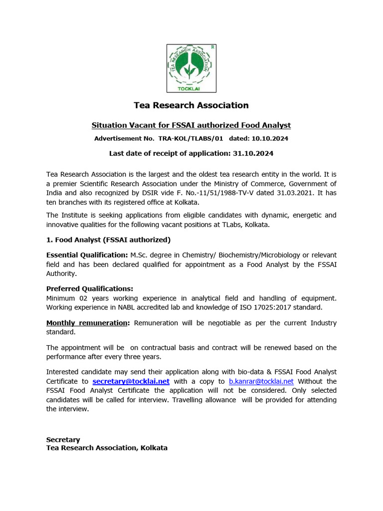 Position of Food Analyst | PDF