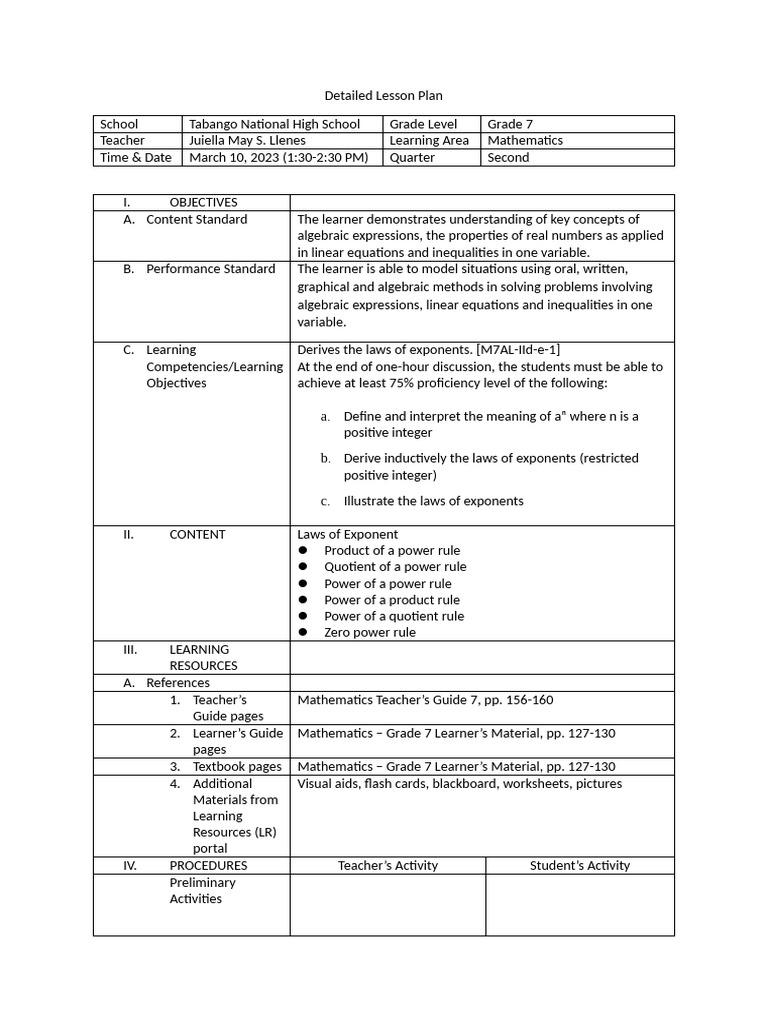 Detailed Lesson Plan MATHEMATICS | PDF