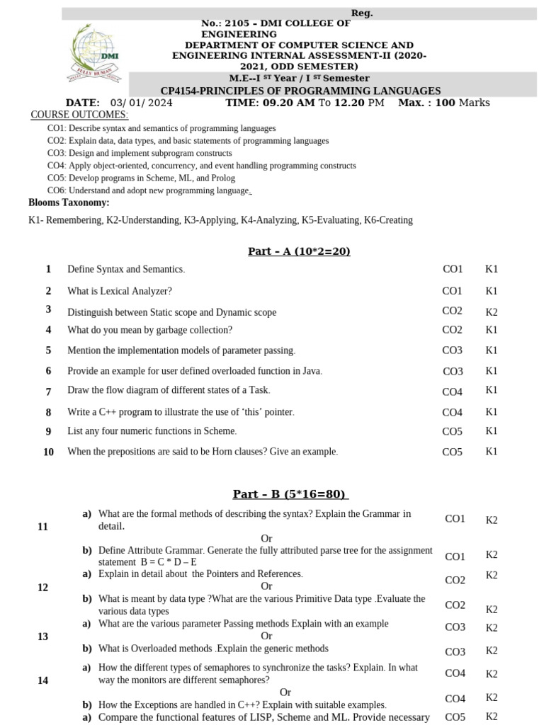 Cp4154 Principles Of Programming Languages Iat Ii Pdf Programming Language Scheme