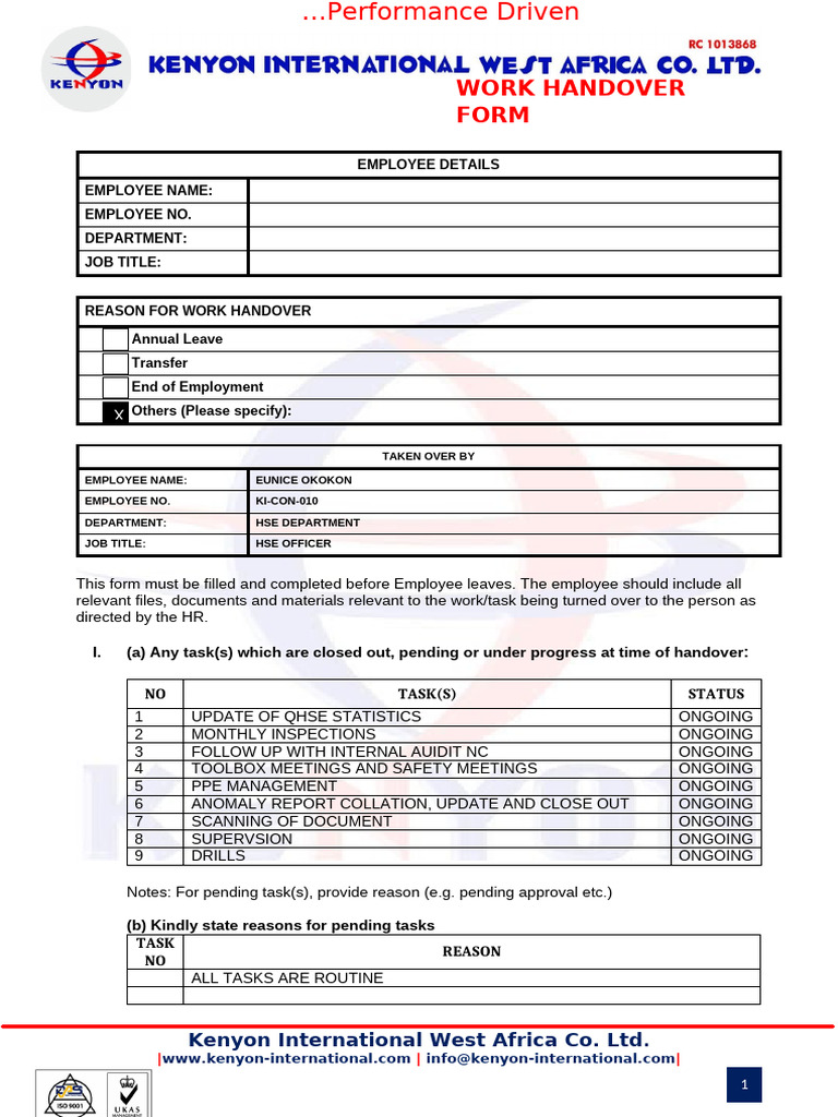 Work Handover Form | PDF