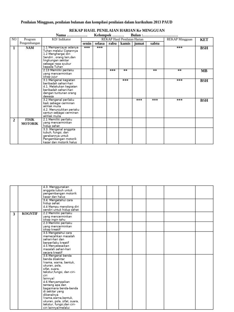 Contoh Format Penilaian Mingguan | PDF