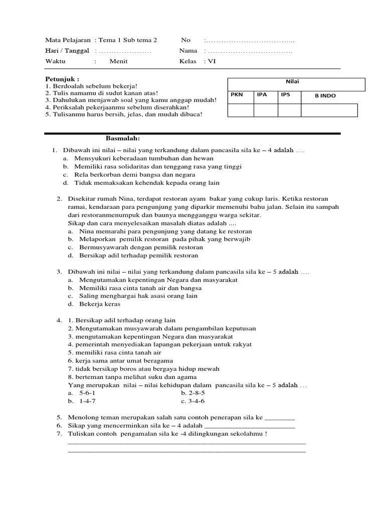 Ulangan Harian Kelas 6 Tema 1 Sub Tema 2 | PDF