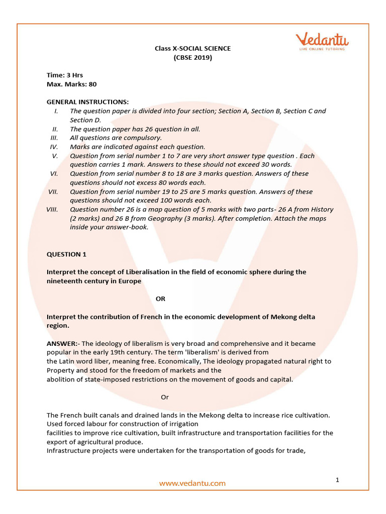 CBSE Class 10 Social Science Question Paper 2019 - Free PDF | PDF