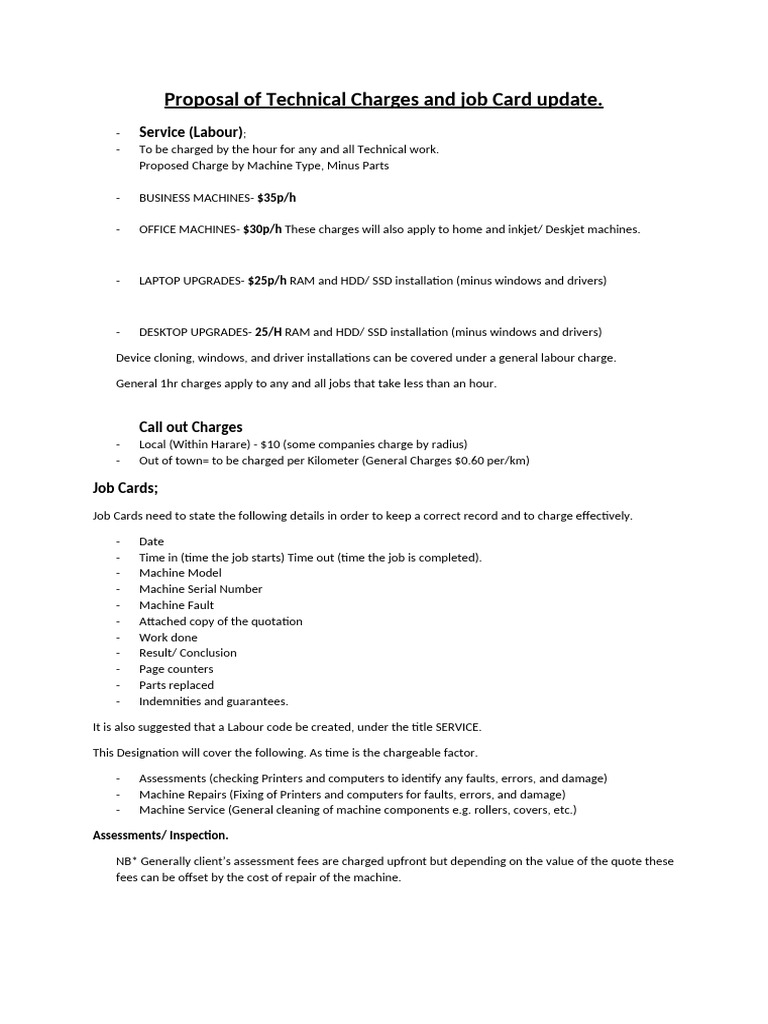 Proposal of Technical Charges and Job Card Update | PDF | Printer (Computing) | Technology ...