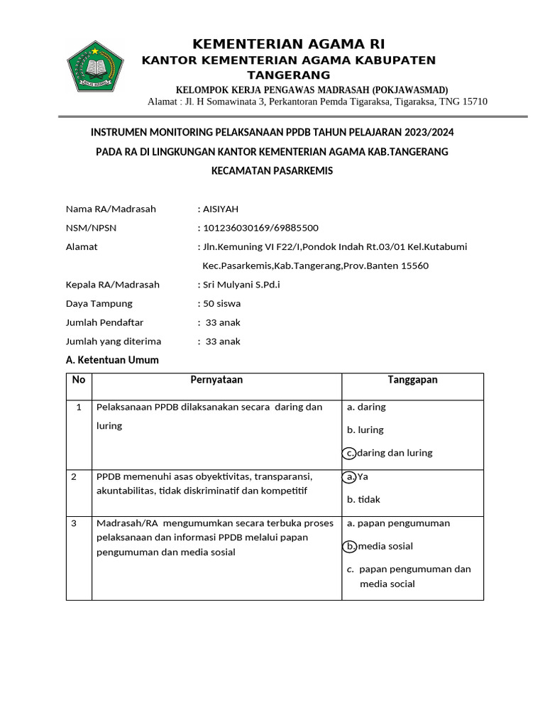 Instrumen PPDB Dan Matsama-Matsara - 2023-2024 | PDF