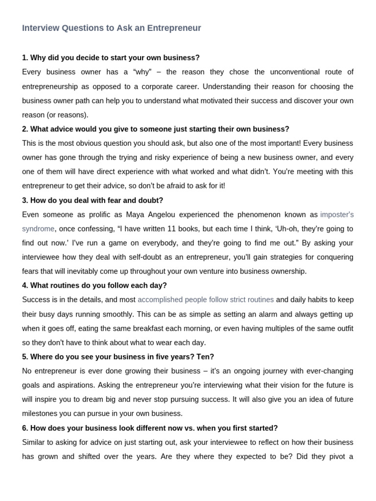 Interview Questions To Ask An Entrepreneur | PDF