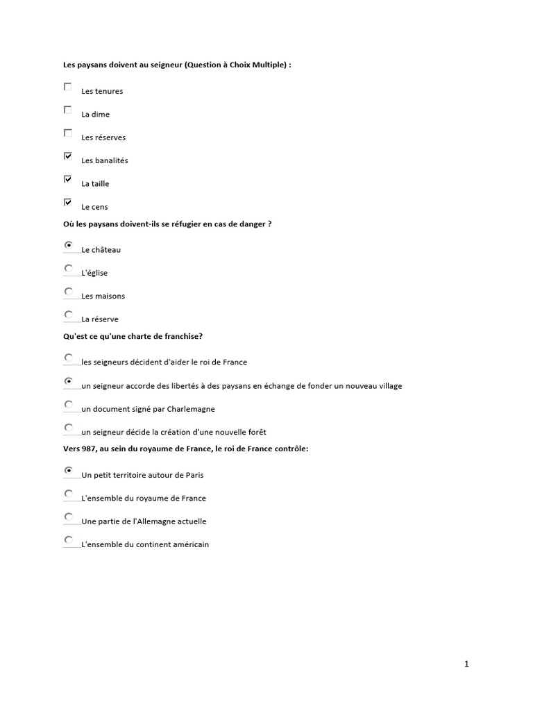 Correction QCM Seigneurs Et Paysans | PDF