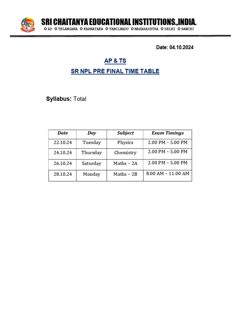AP & TS SR NPL Pre Final Exam Schedule | PDF