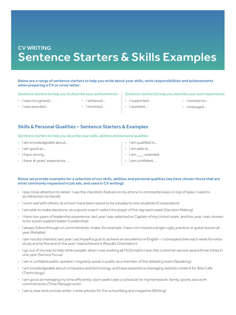 Sentence Starters Examples | PDF