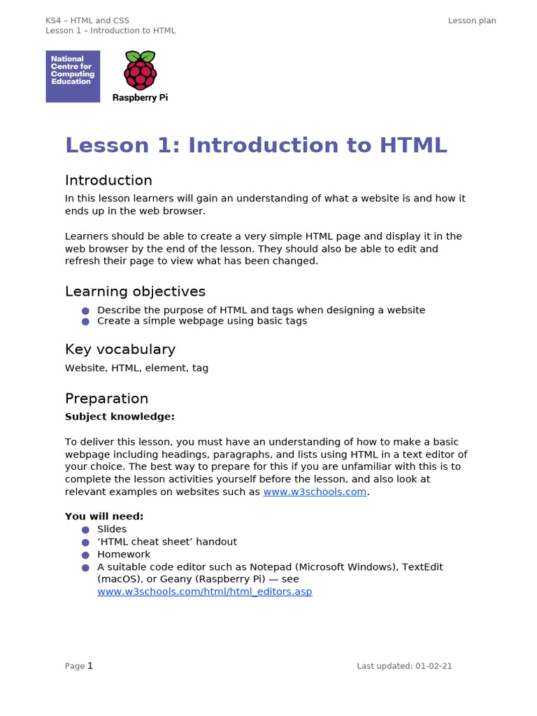 L1 Lesson Plan - Introduction To HTML - KS4 | PDF | Html | Computers