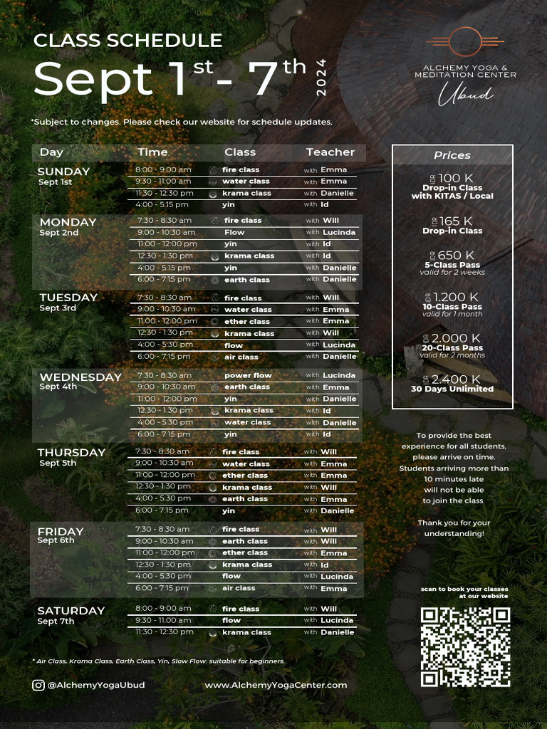 September 1st-7th. Class Schedule - AYMC Ubud | PDF