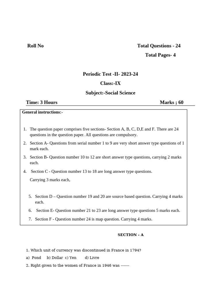 Half Yearly Uestion Paper Class 9 SST - Anshu 2023-24 | PDF