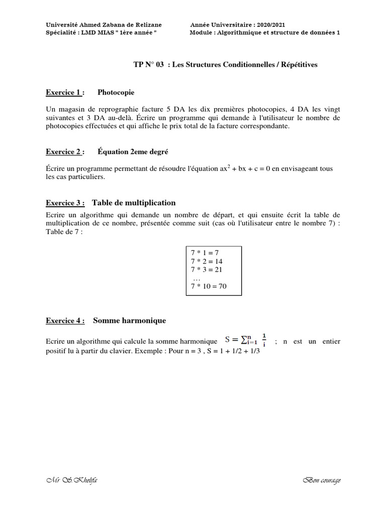 TP #03: Les Structures Conditionnelles / Répétitives: Table de ...