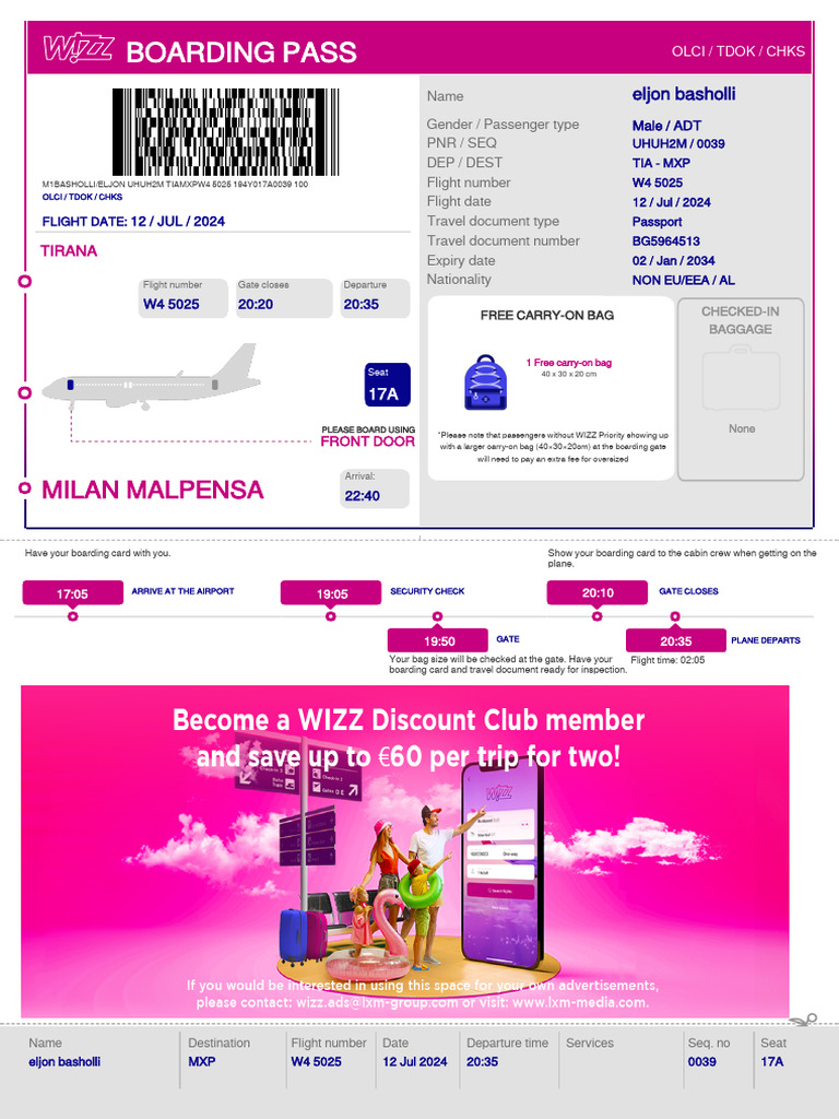 BoardingCard 370900445 TIA MXP | PDF