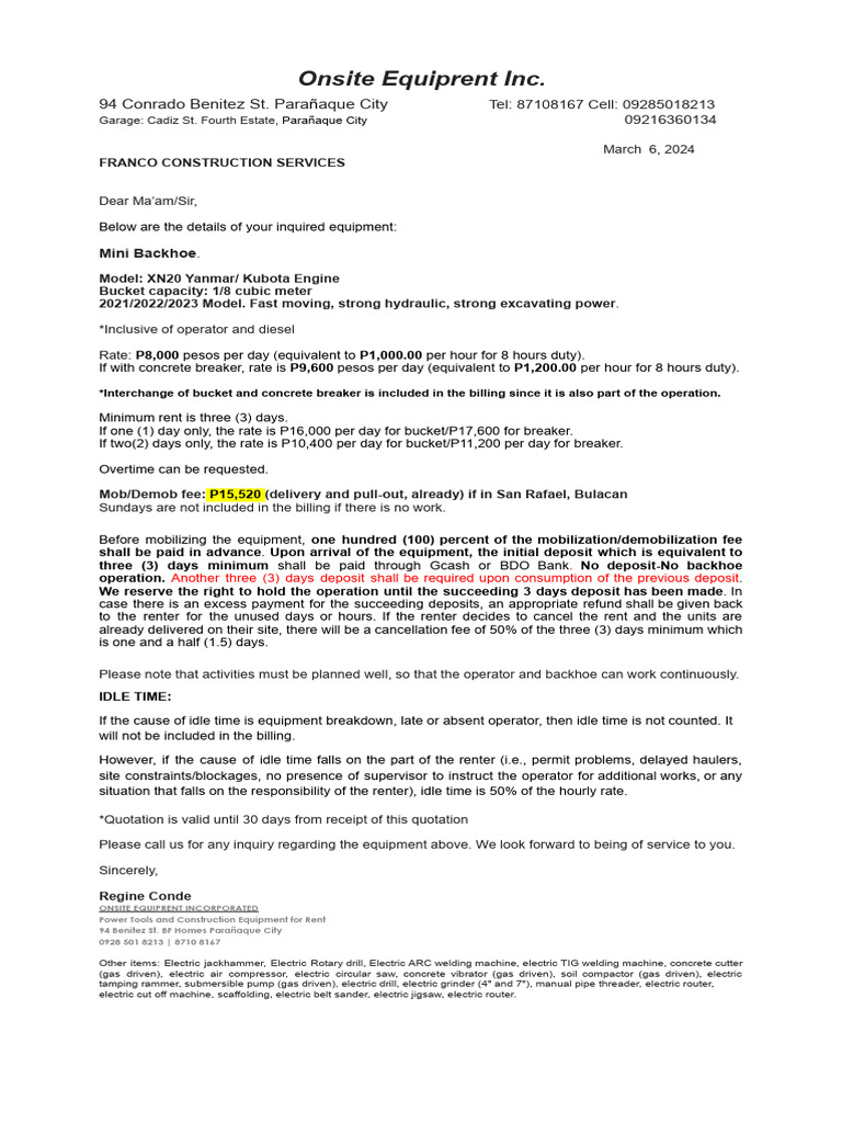 Backhoe Rental quotation FRANCO CONSTRUCTION SERVICES | PDF